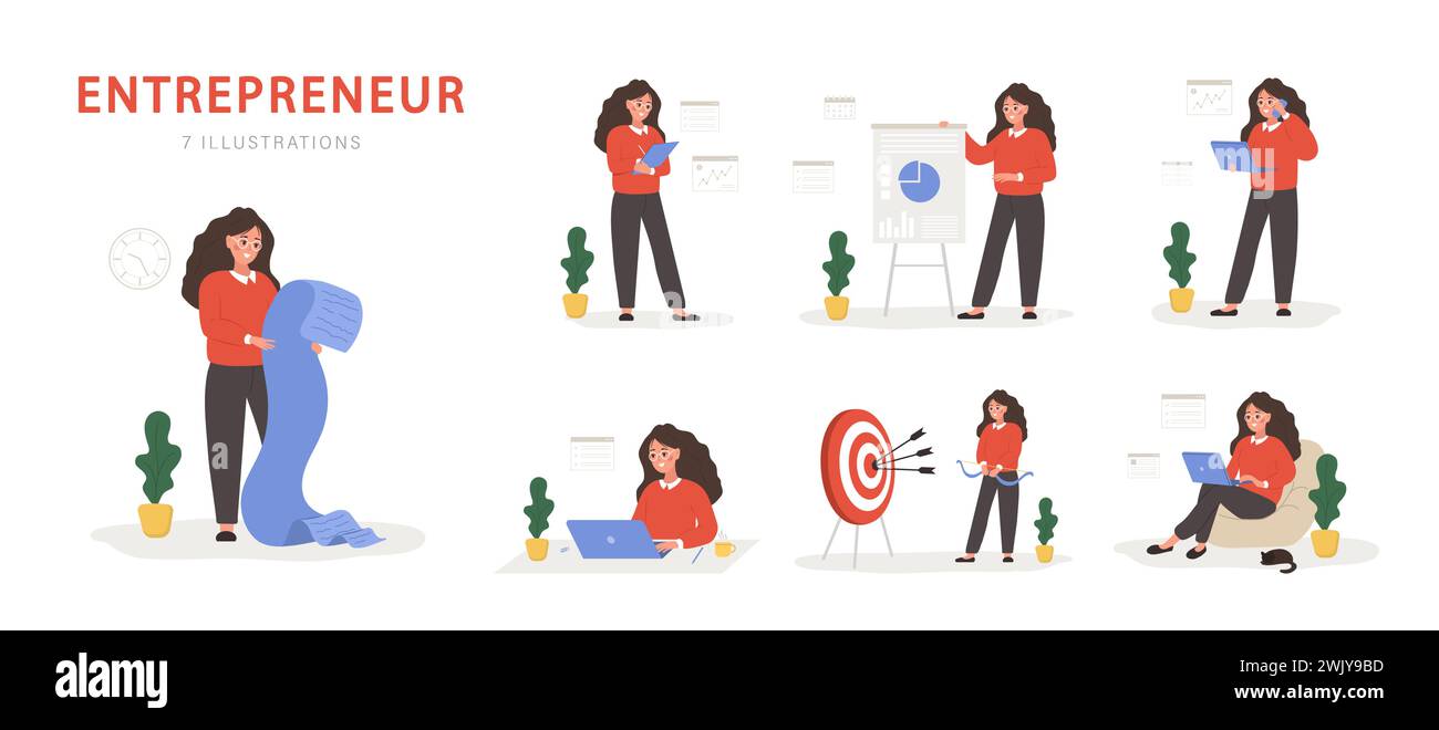 Set of female entrepreneurs. Successful women in various scenes. Modern ...