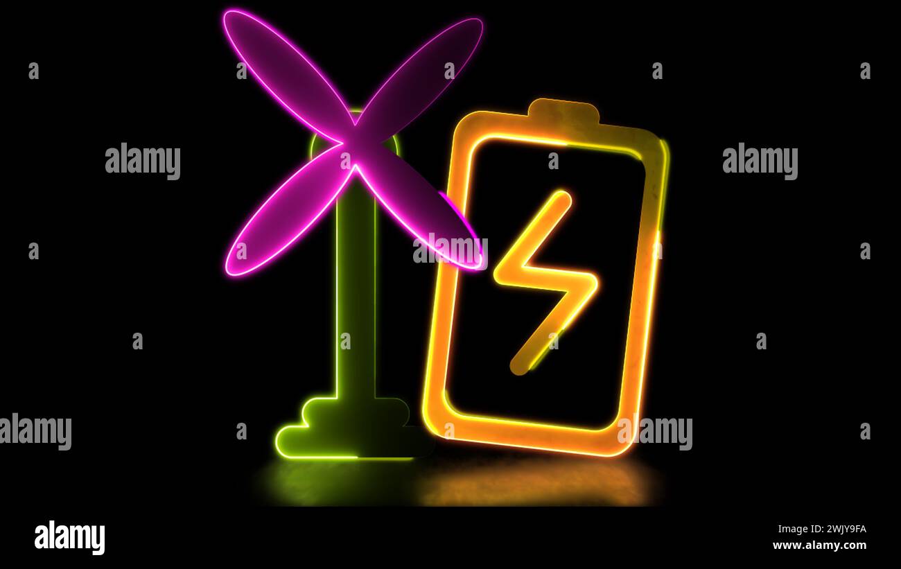 Glowing neon frame effect Energy turbine charging battery, black ...