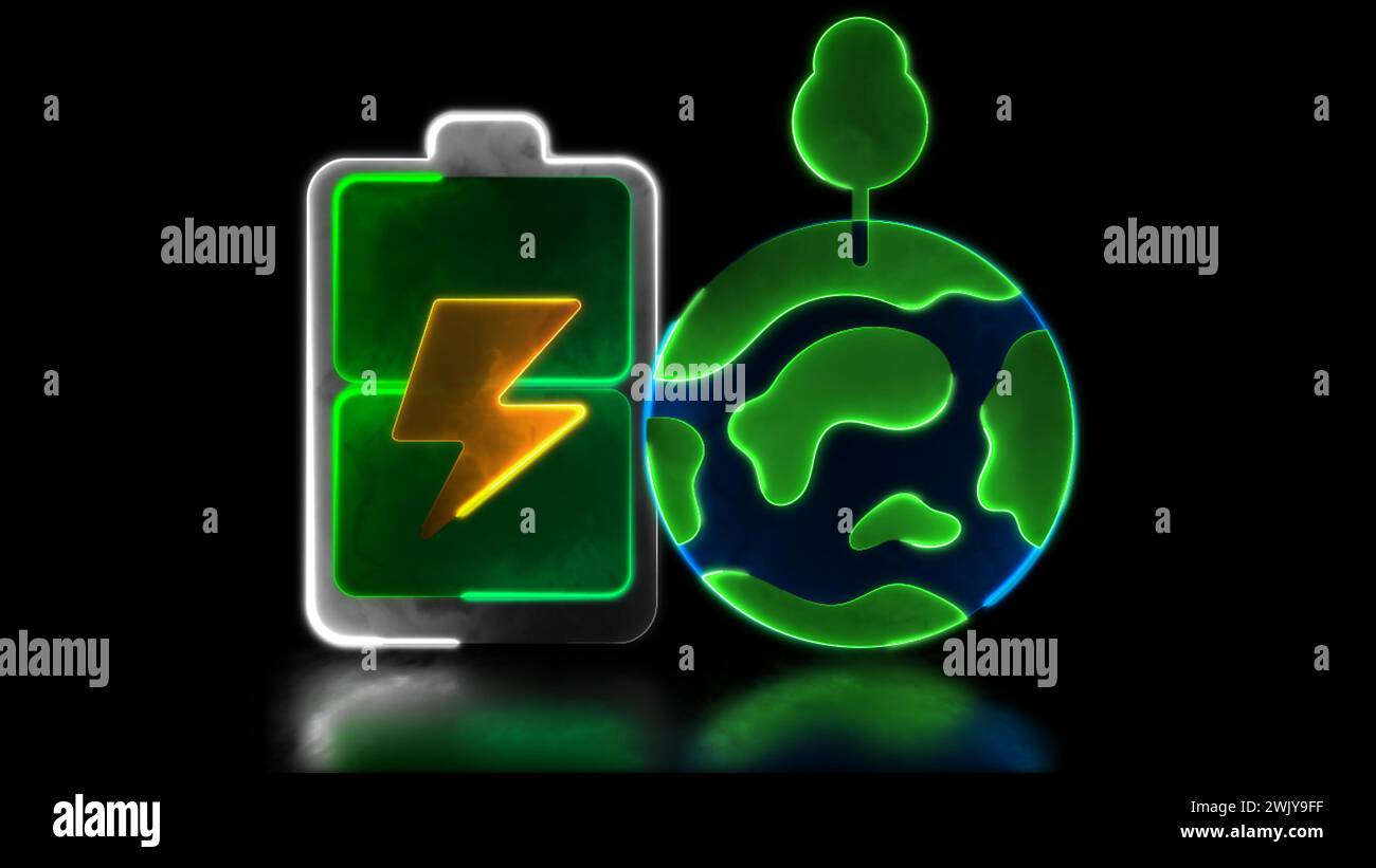 Looping neon glow effect Battery charger icon and earth, clean energy ...
