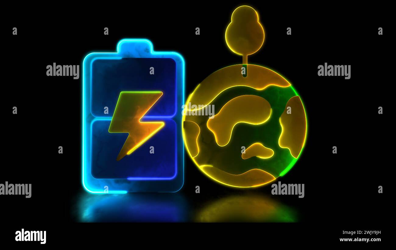 Looping neon glow effect Battery charger icon and earth, clean energy ...