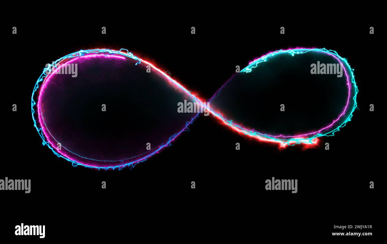 Glowing looping infinity shape neon frame effect, black background ...