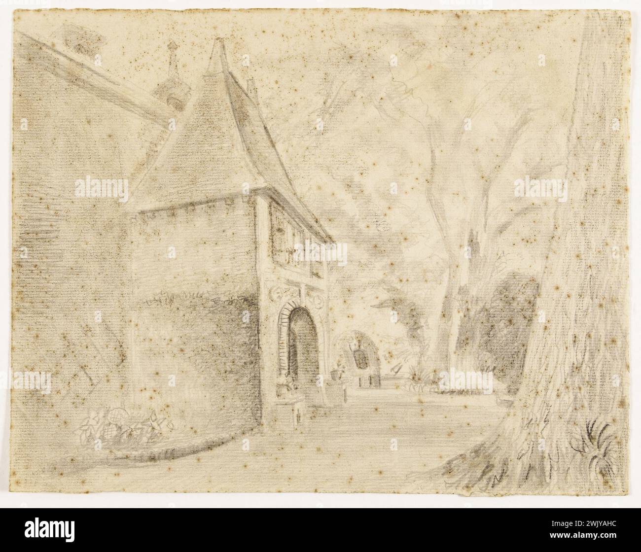 Arthur-Joseph Guéniot (1866-1951). Villa in a park. Graphite pencil ...