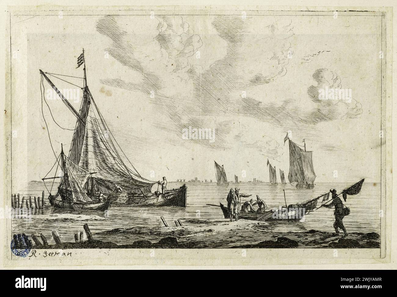 Renier Zeeman (around 1623-1667). Some river ports n ° 6: shore of an ...