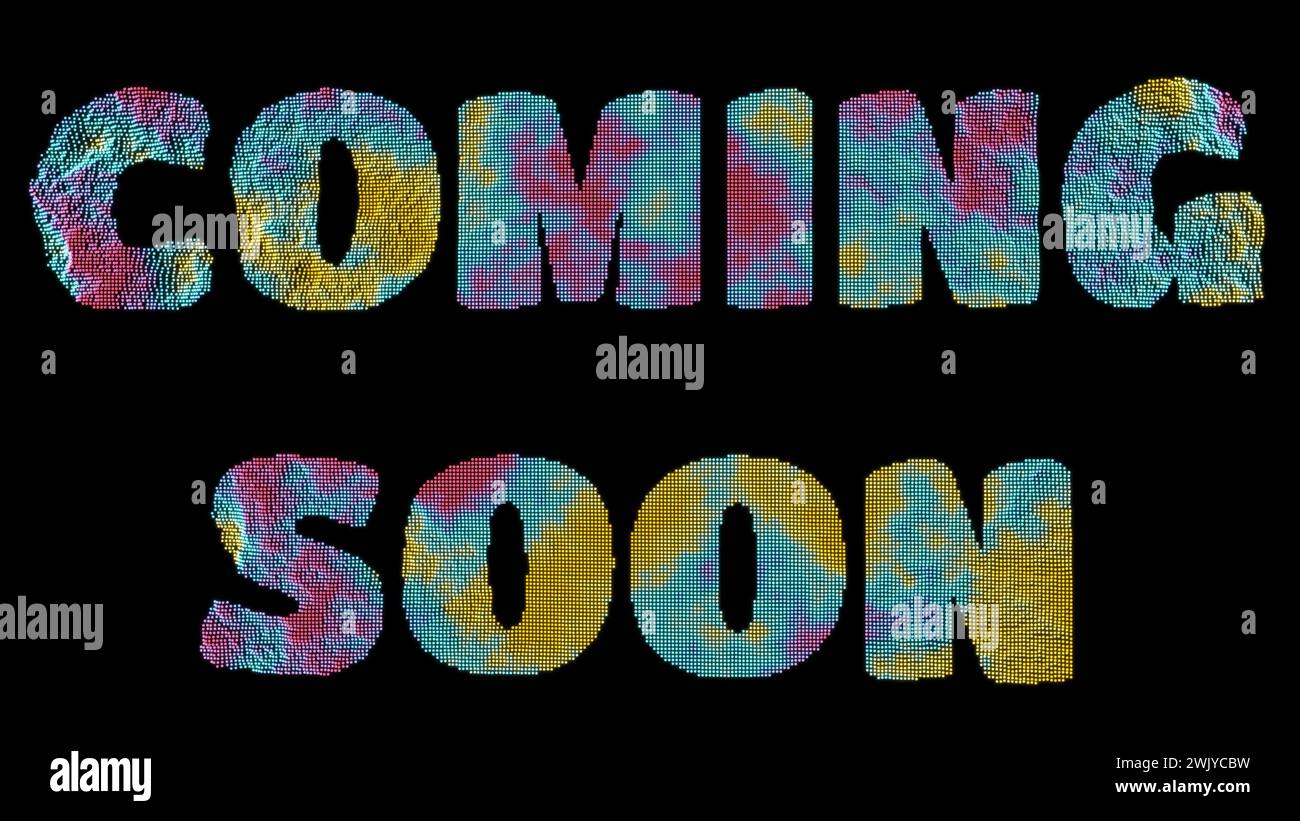 Coming soon word letter effect scattered swirling, black background ...