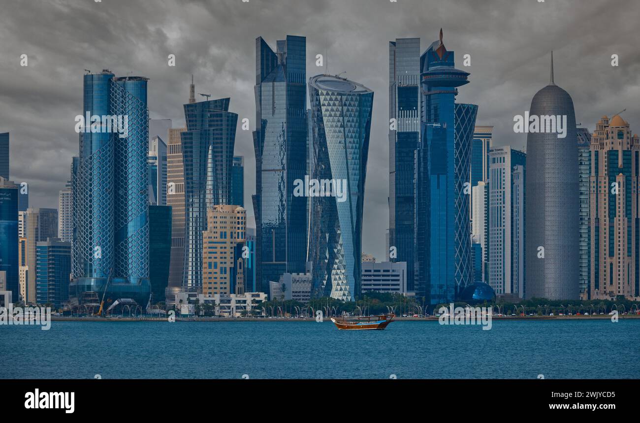 Doha skyline in Doha, Qatar from the Corniche street afternoon shot ...