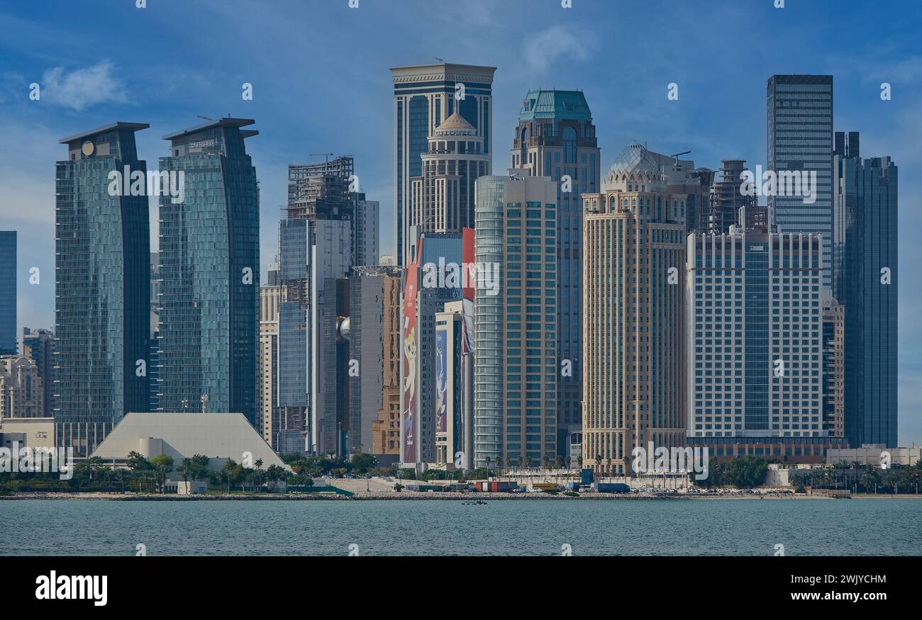 Doha skyline in Doha, Qatar from the Corniche street afternoon shot ...