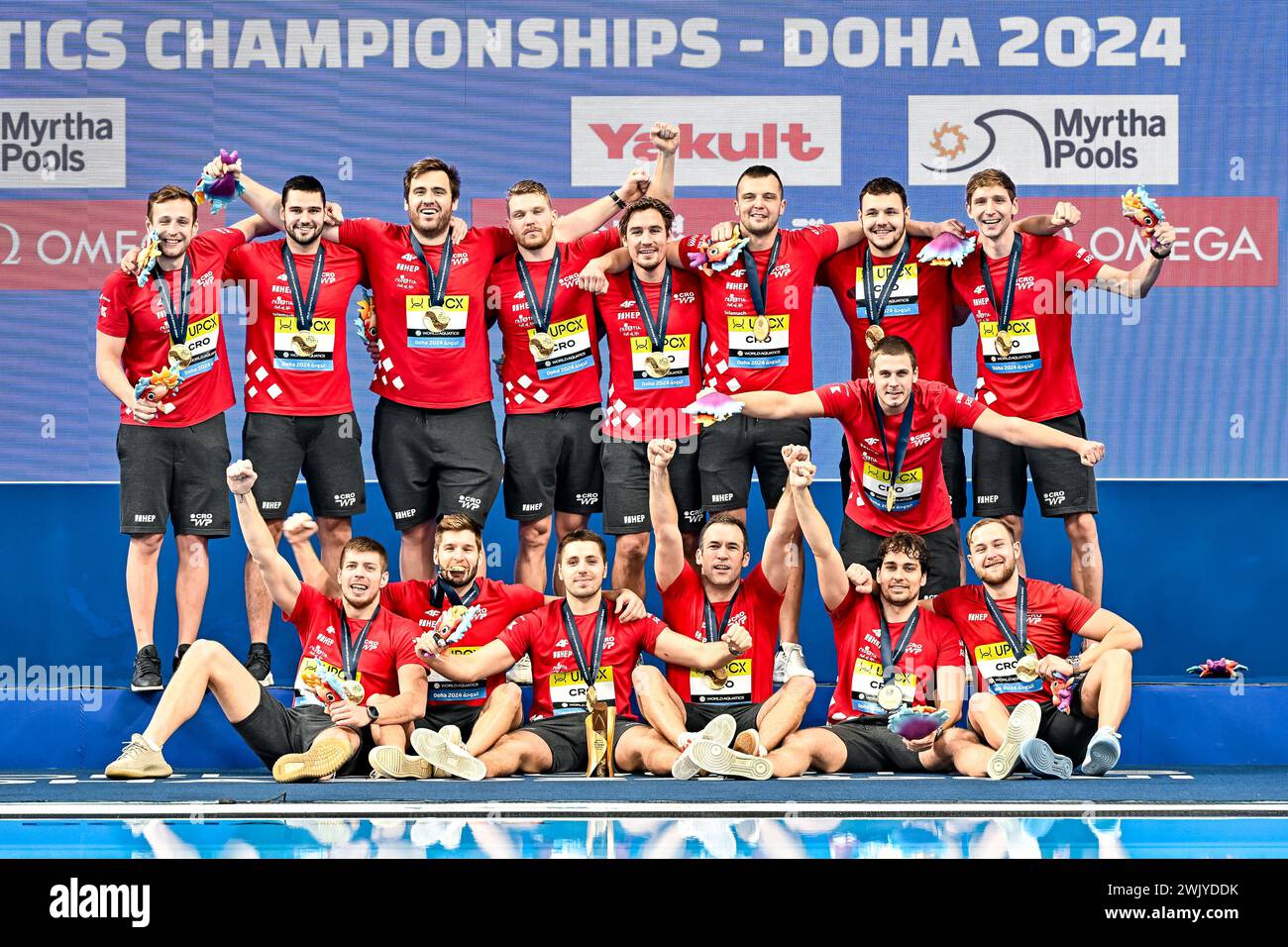 Athletes of team Croatia show the gold medals after winning the water ...