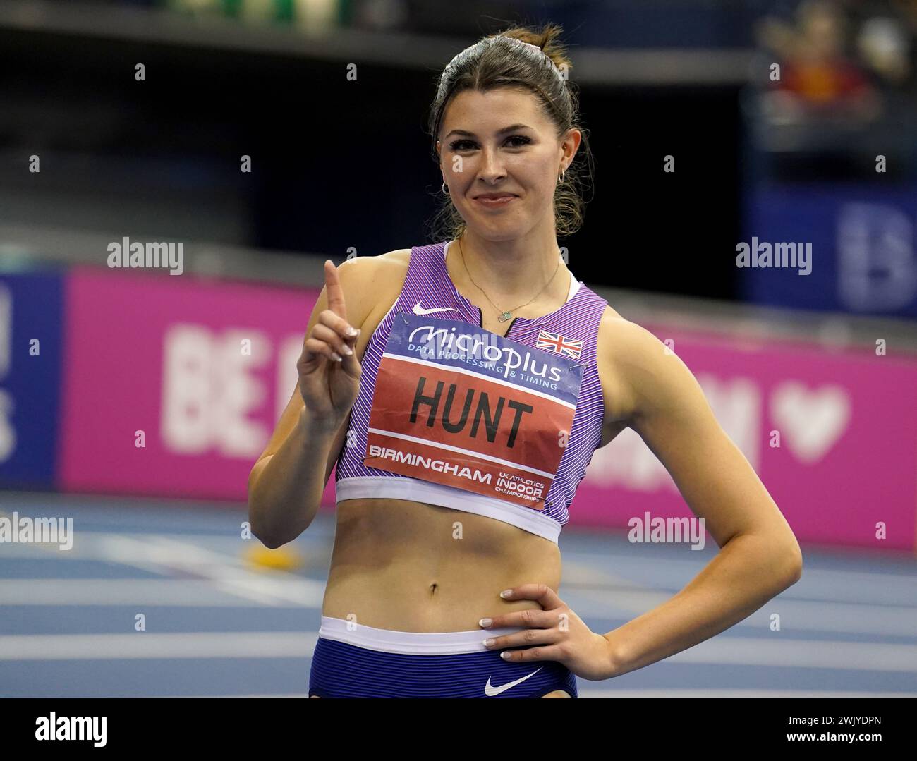 Amy Hunt after winning the 60 m - Women Final during day one of the ...