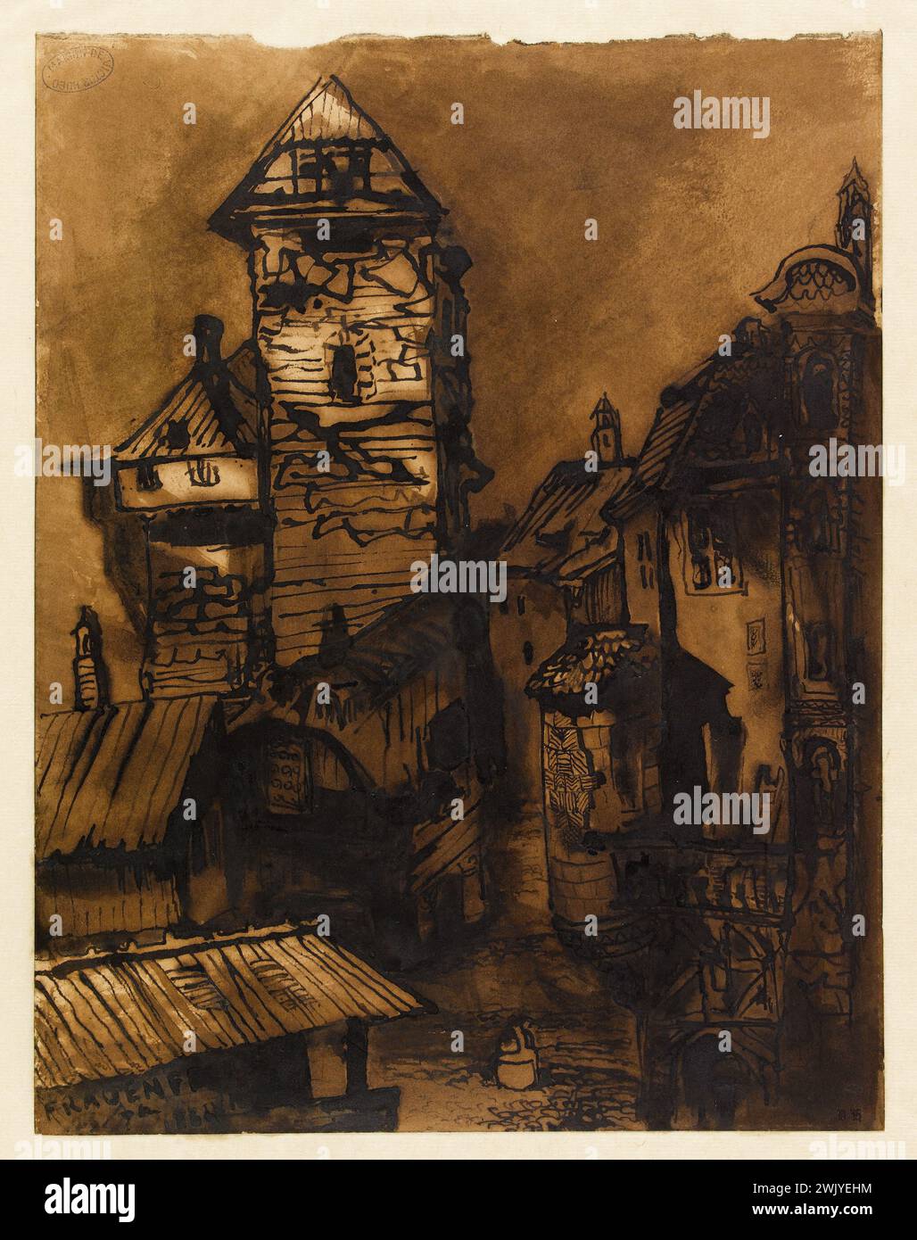 Victor Hugo (1802-1885). "Frauenfeld". Brown ink, wash on paper. 1869 ...