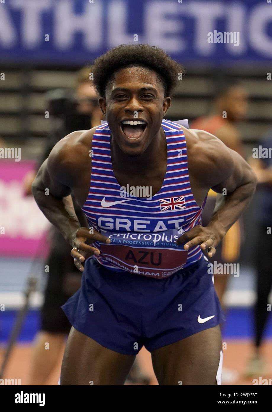 Jeremiah Azu celebrates after winning the 60 m - Men Final during day ...