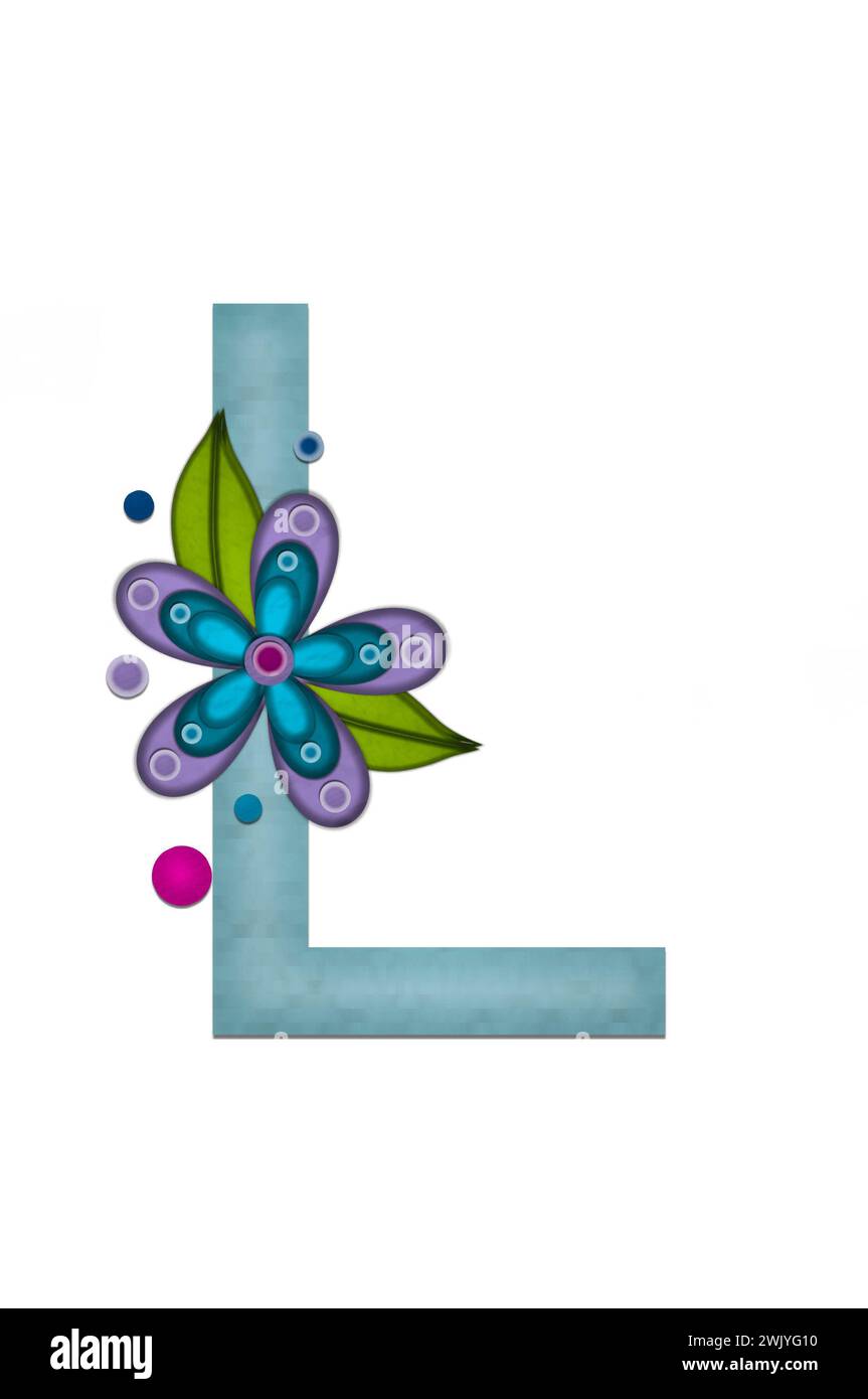 Teal colored letter L, paper style letters are decorated with colorful ...