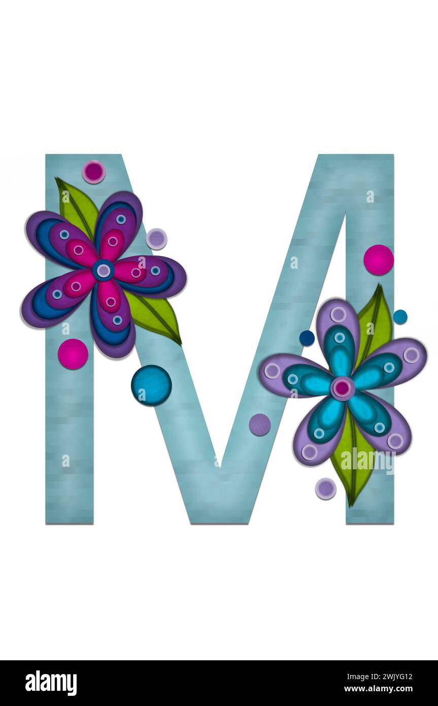 Teal colored letter M, paper style letters are decorated with colorful ...
