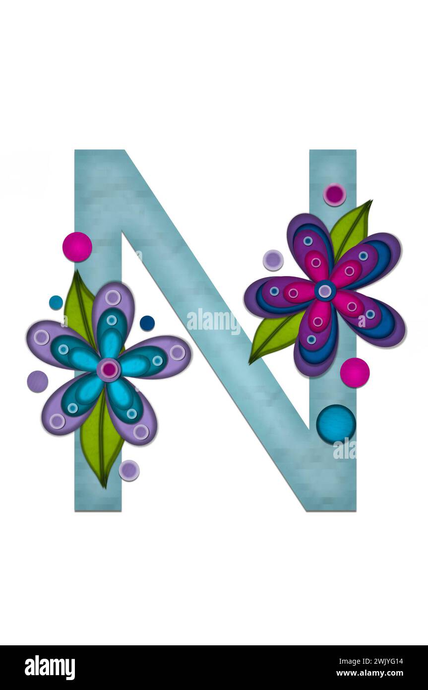 Teal colored letter N, paper style letters are decorated with colorful ...