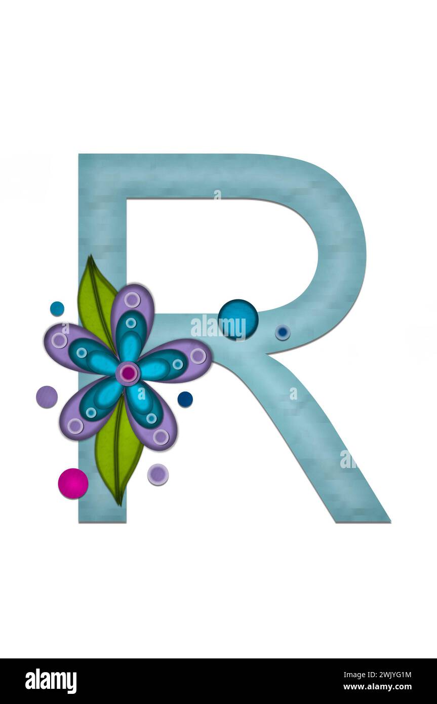 Teal colored letter R, paper style letters are decorated with colorful ...