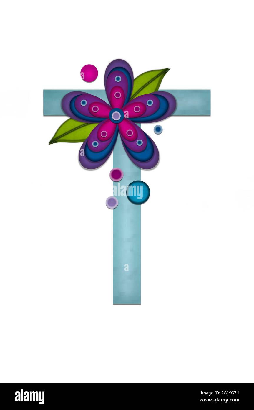 Teal colored letter T, paper style letters are decorated with colorful ...