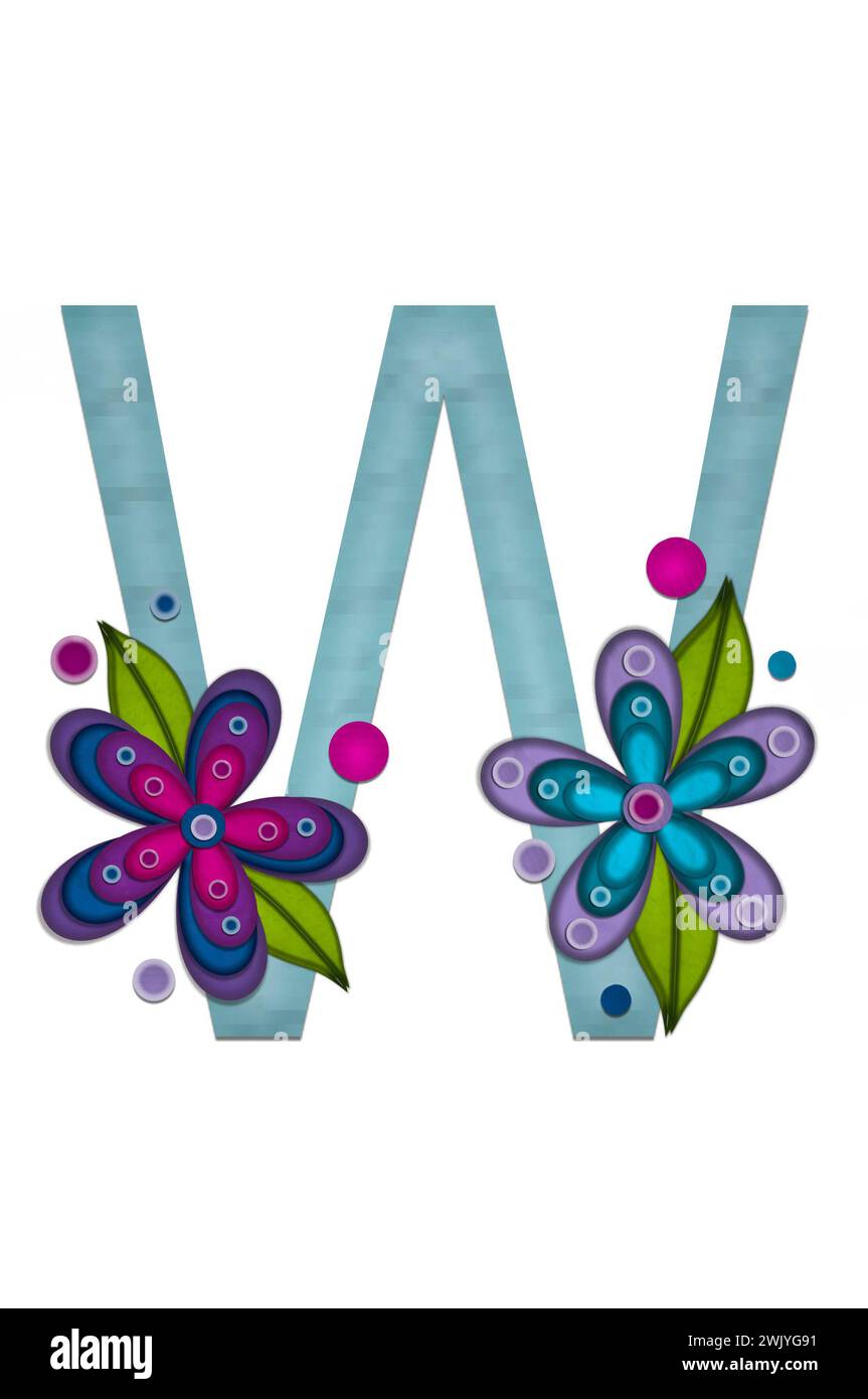 Teal colored letter W, paper style letters are decorated with colorful ...