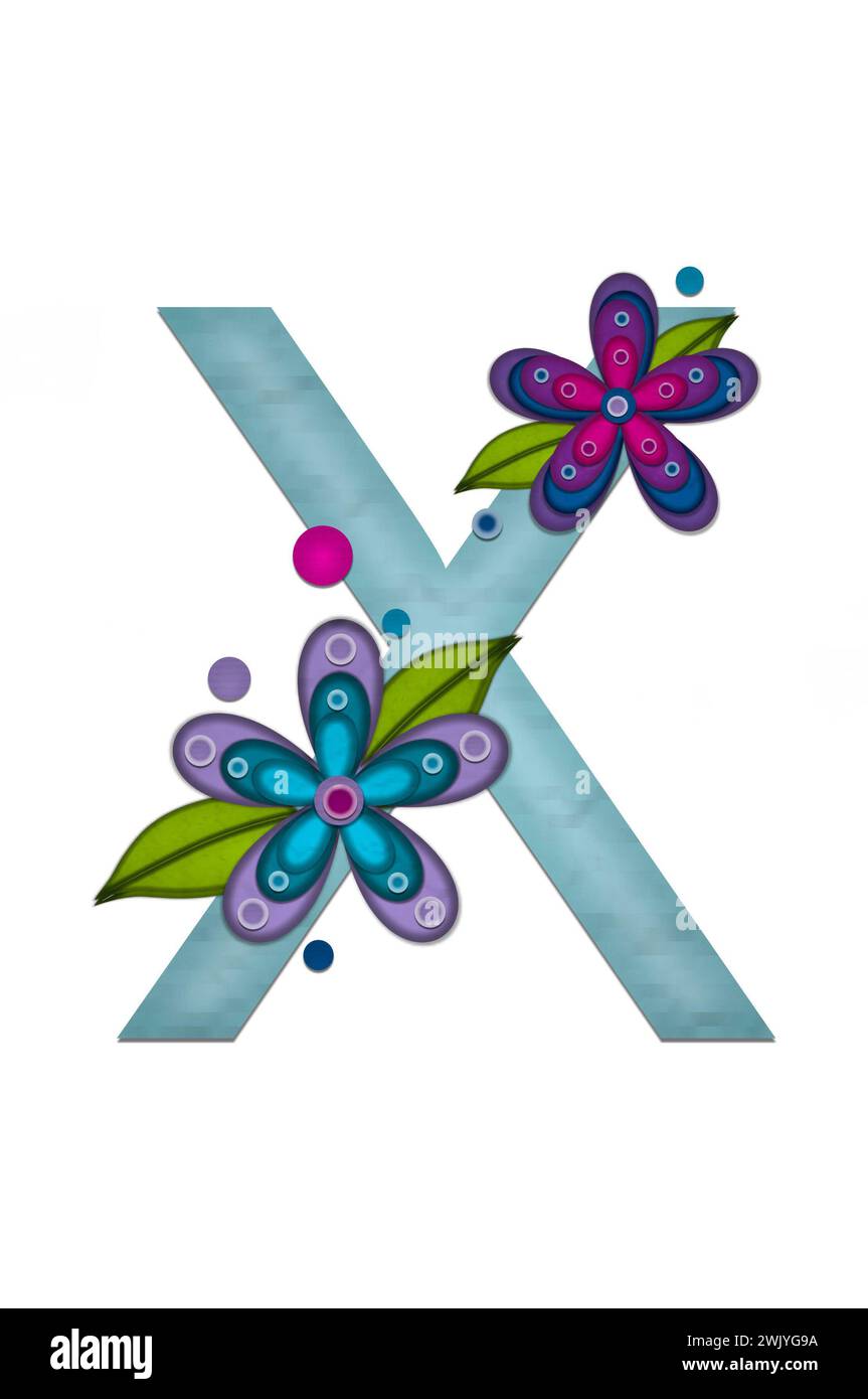 Teal colored letter X, paper style letters are decorated with colorful ...