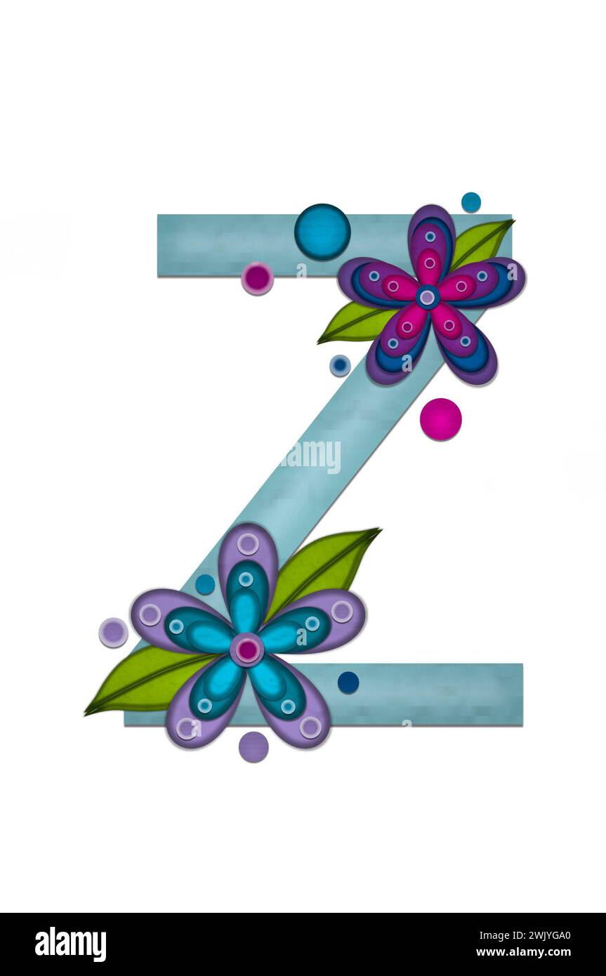 Teal colored letter Z, paper style letters are decorated with colorful ...