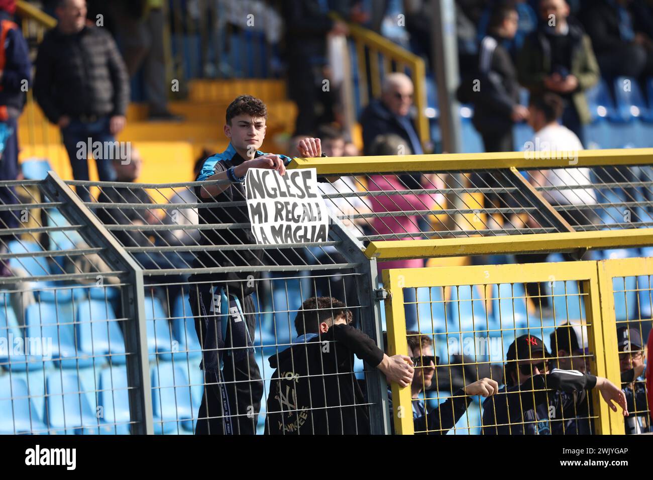 Lecco, Italy. 17th Feb, 2024. A fans with a banner for Lorenzo Inglese ...