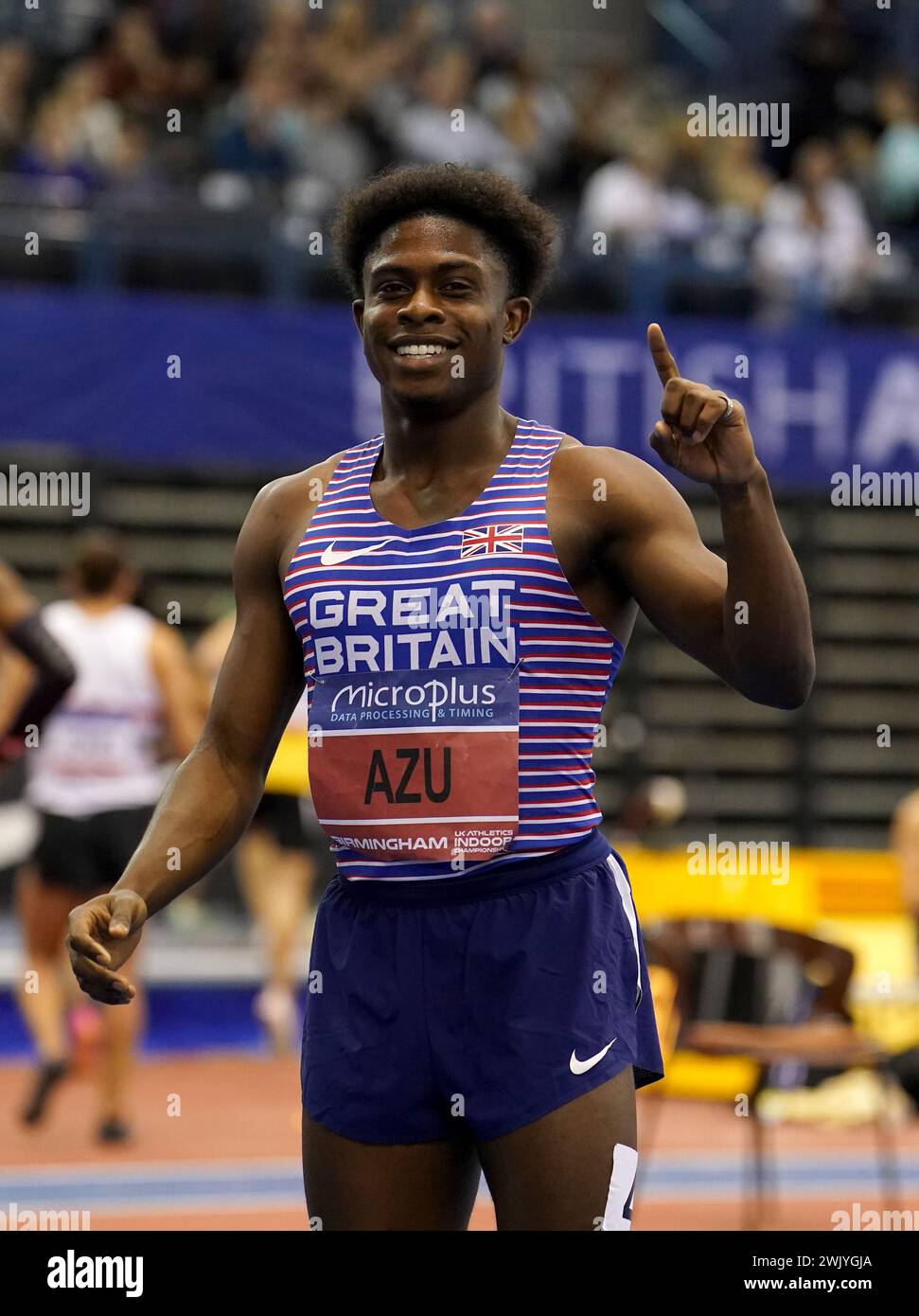 Jeremiah Azu celebrates after winning the 60 m - Men Final during day ...