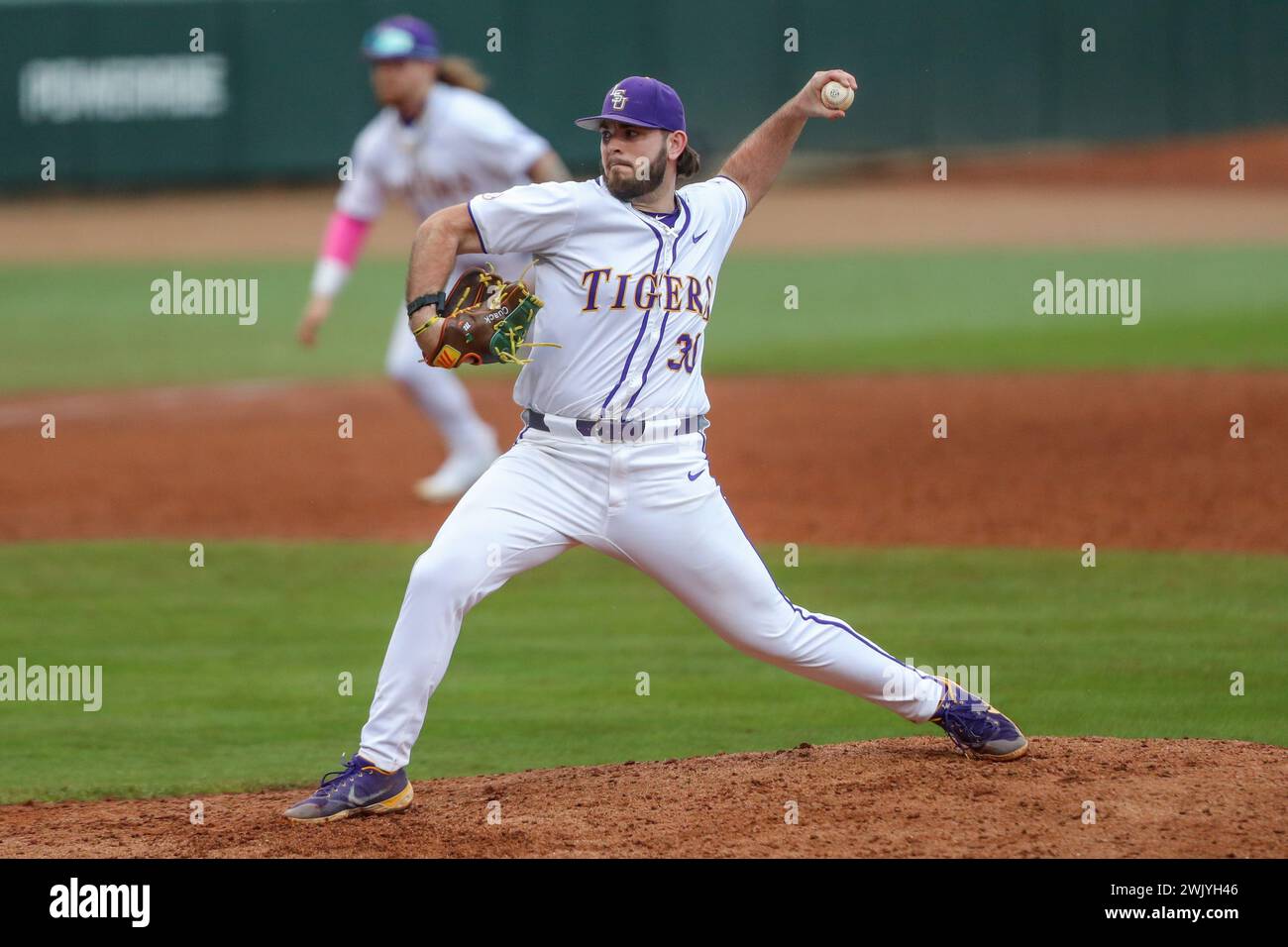 Baton Rouge, LA, USA. 16th Feb, 2024. LSU relief pitcher Nate ...