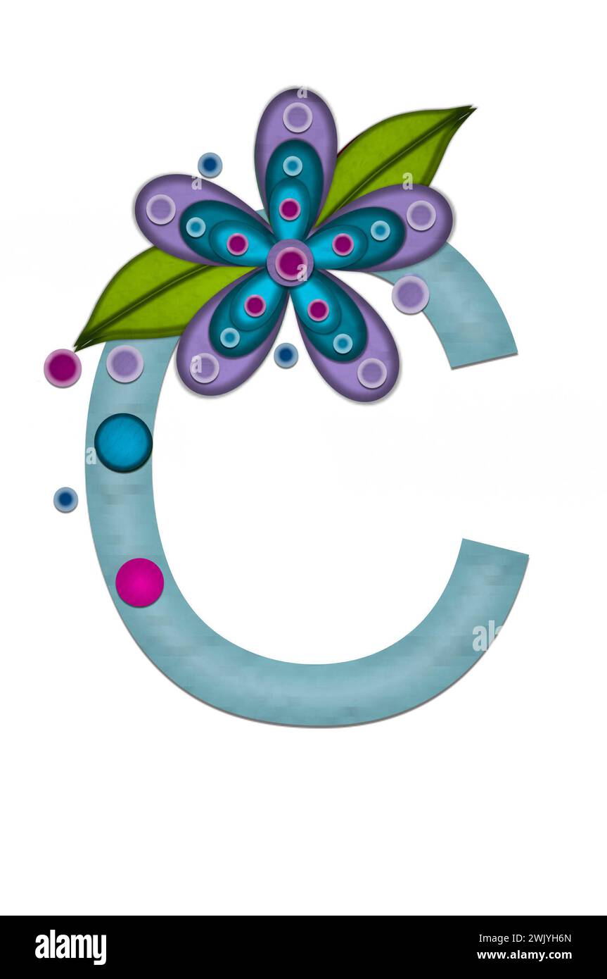 Teal colored letter C, paper style letters are decorated with colorful ...