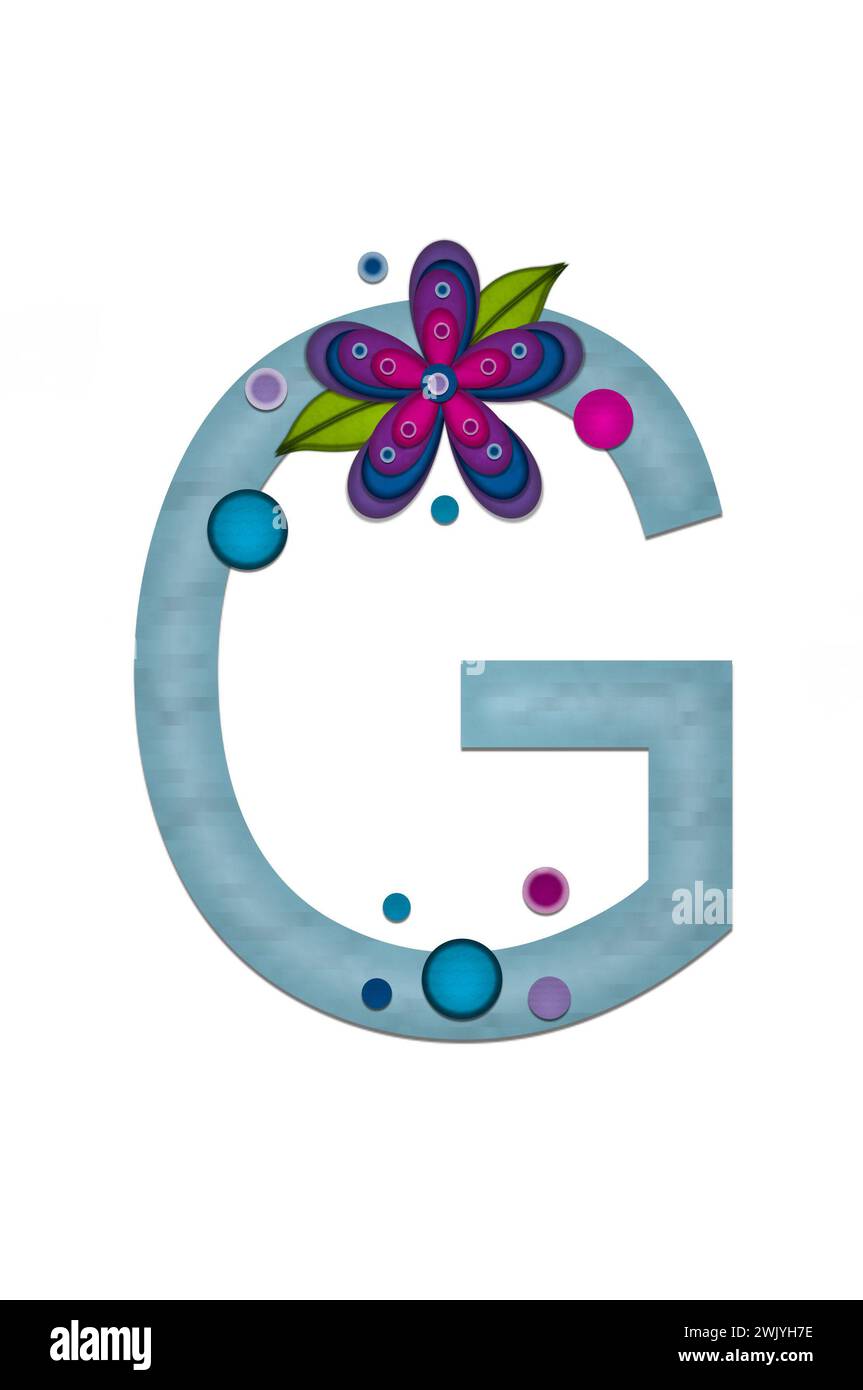 Teal colored letter G, paper style letters are decorated with colorful ...