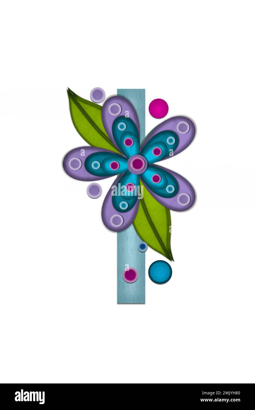 Teal colored letter I, paper style letters are decorated with colorful ...