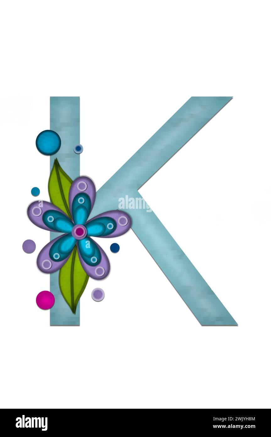 Teal colored letter K, paper style letters are decorated with colorful ...