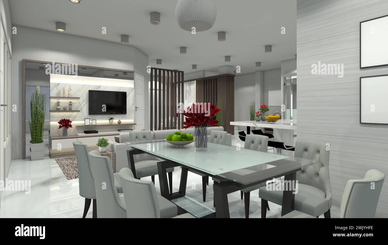 Modern Dining Room Design with Set Glass Table and Living Room with TV ...