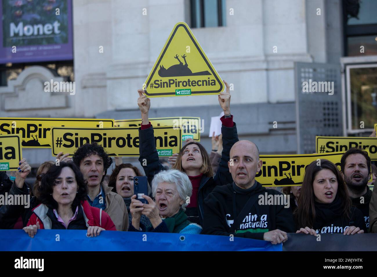 Madrid, Spain. 17th Feb, 2024. A group of activists raise placards in ...