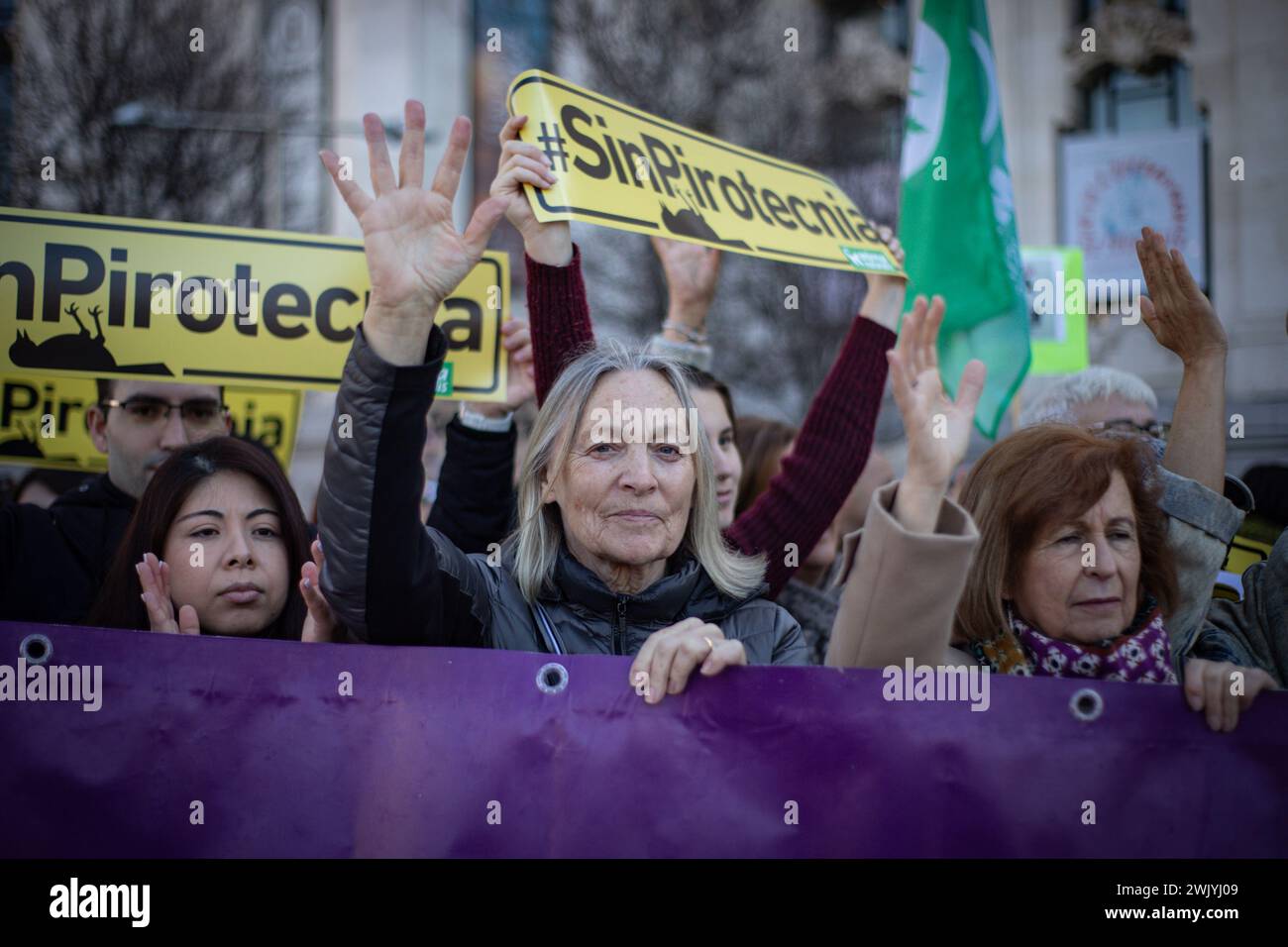 Madrid, Spain. 17th Feb, 2024. A group of activists raise placards in ...