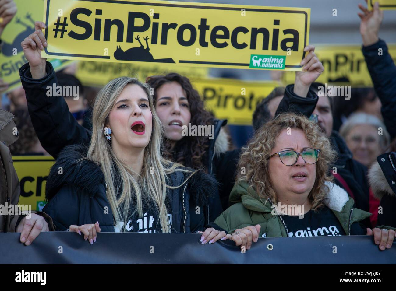 Madrid, Spain. 17th Feb, 2024. A group of activists raise placards in ...