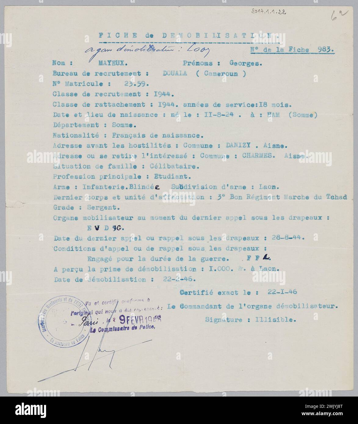 Certified copy of the demobilization sheet n ° 983 in the name of G ...