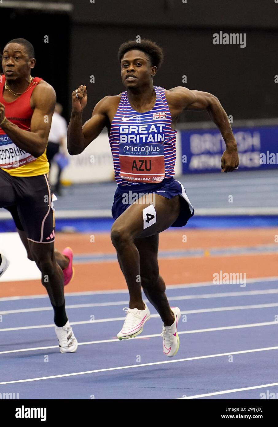 Jeremiah Azu (second right) in lane 4 on his way to winning the 60 m ...