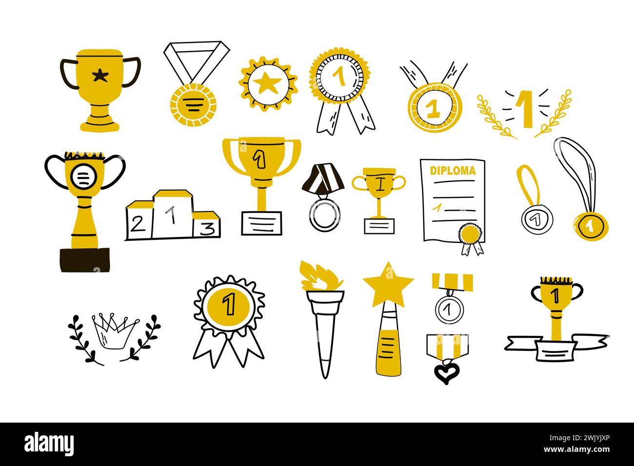 Big set of Hand drawn doodle awards outline with yellow color icons ...