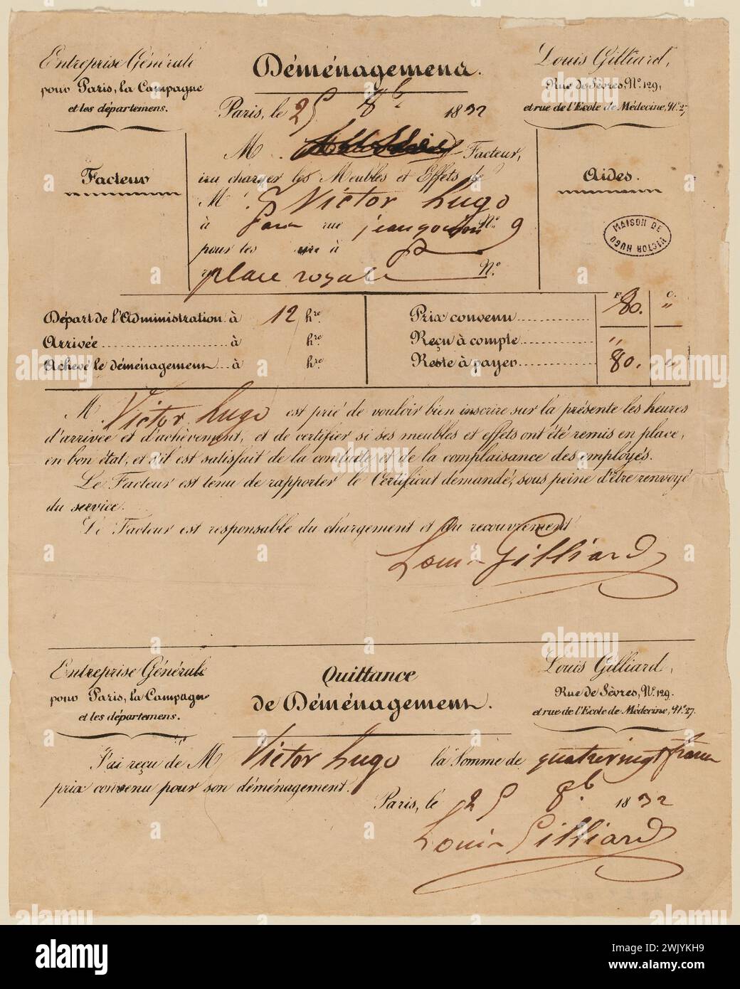 Anonymous, slip and receipt for the move of Victor Hugo and his ...