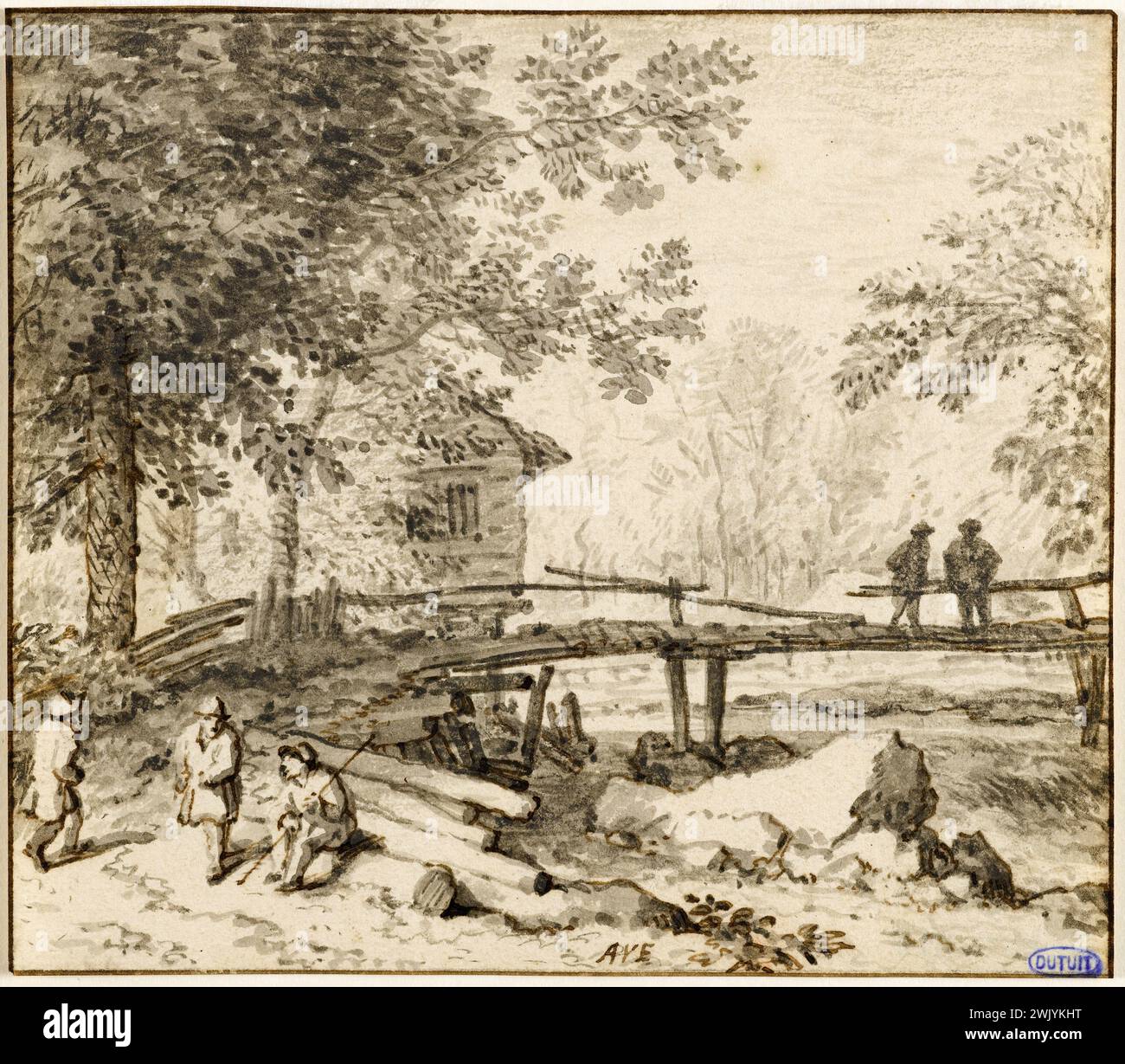 Allart van Everdingen (1621-1675). Gateway. Drawing with a brush, ink ...