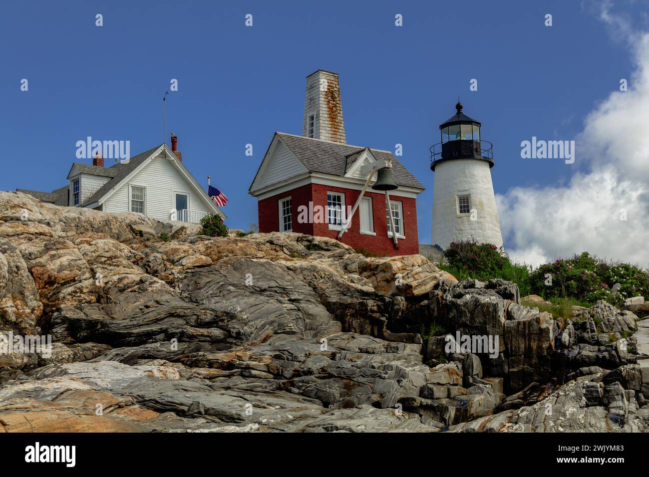 Pemaquid Point Lighthouse and Bell Tower in Bristol Maine sits atop ...