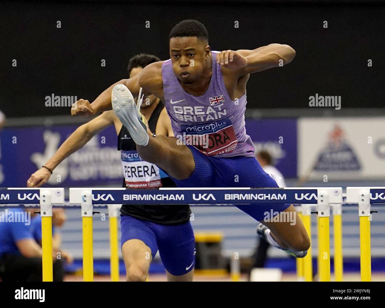 Tade Ojora (second right) on his way to winning the 60 m Hurdles - Men ...