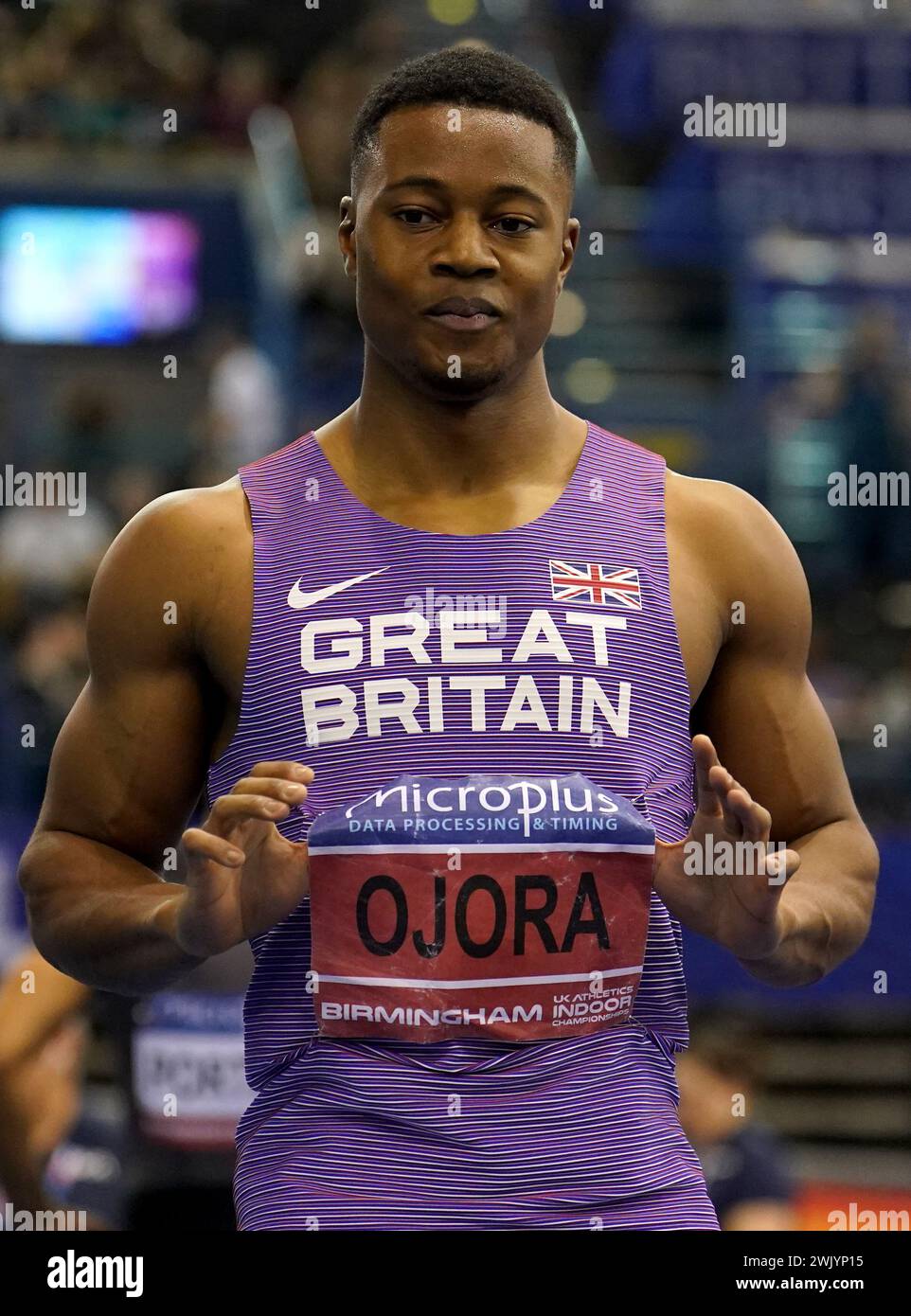 Tade Ojora after winning the 60 m Hurdles - Men Final during day one of ...