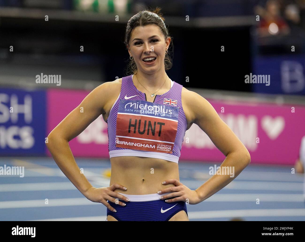 Amy Hunt after winning the 60 m - Women Final during day one of the ...