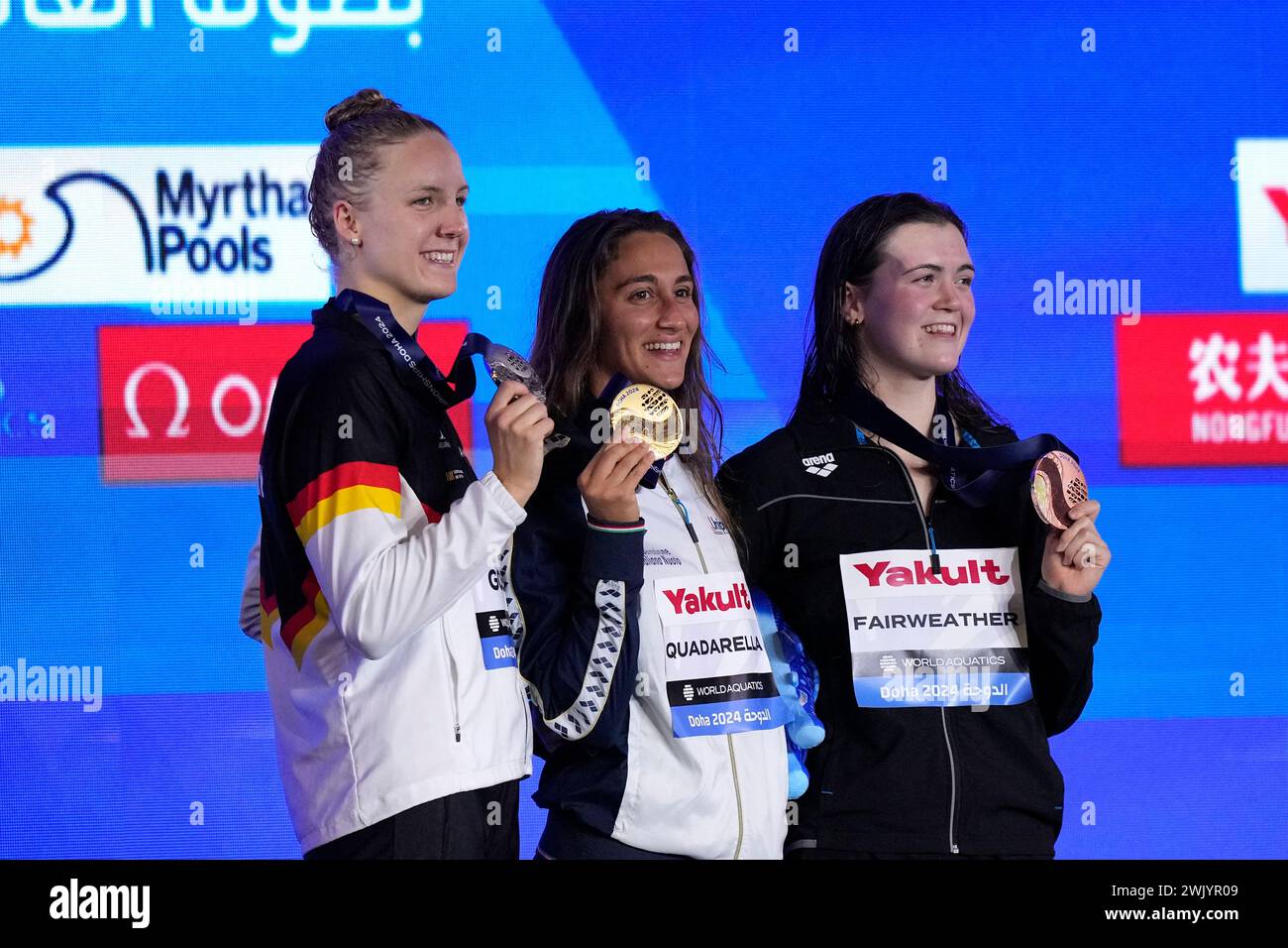 Gold medalist Simona Quadarella of Italy, center, silver medalist ...