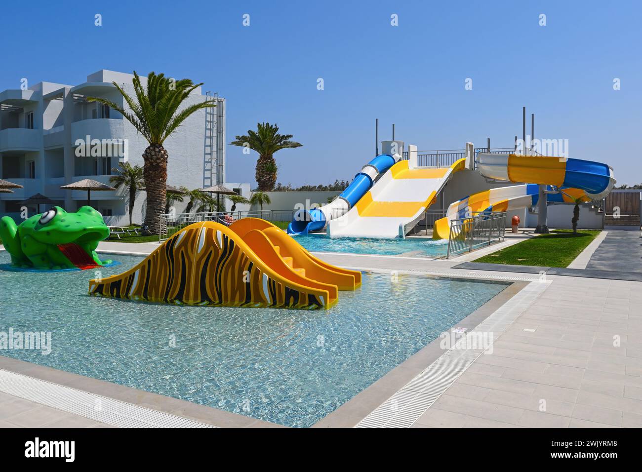 Kos, Greece - May 13, 2023: Pool area of the Sandy Beach hotel, a 4 ...