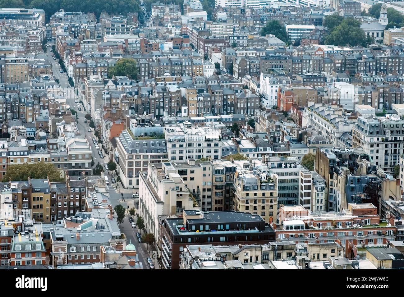 Aerial view facing North of dense urban central London buildings ...