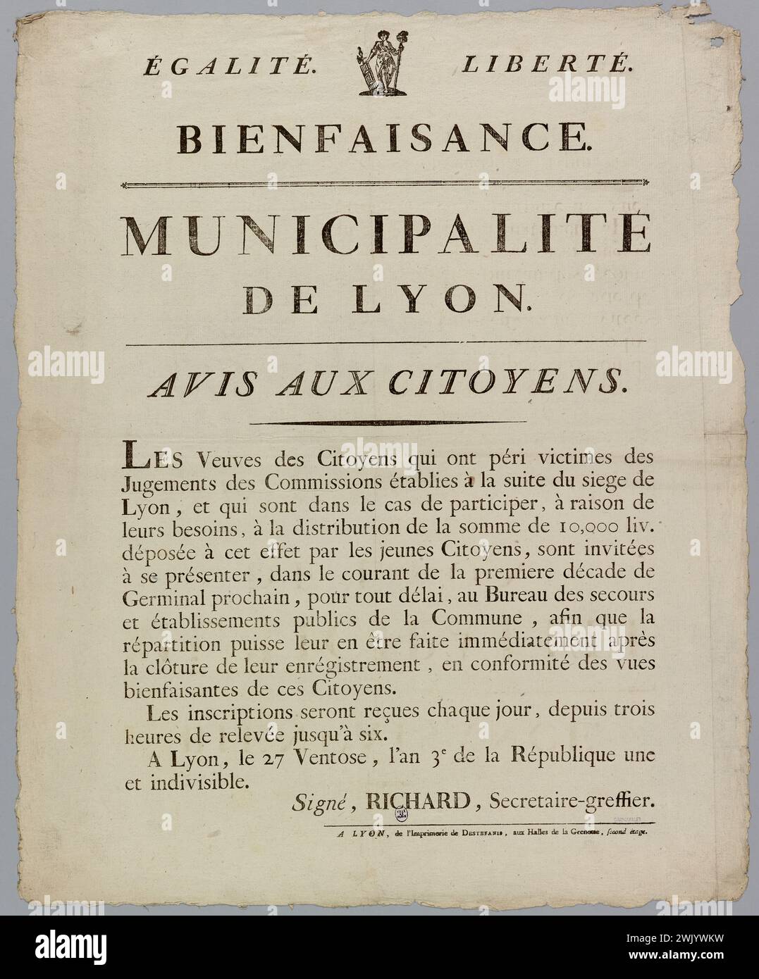 Destefanis, Egalite. Liberte./ Bienfaissance./ Municipalite/ de Lyon ...