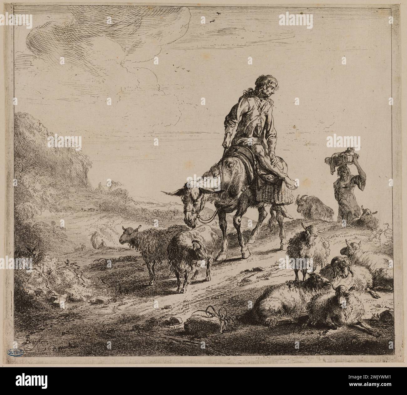 Berchem, Nicolaes Pietersz. "The man mounted on the donkey (Hollstein 5 ...