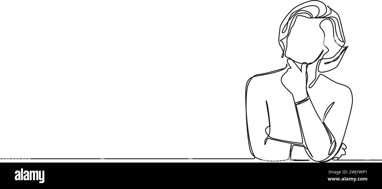 Continuous Single Line Drawing Of Thoughtful Woman With Hand On Chin