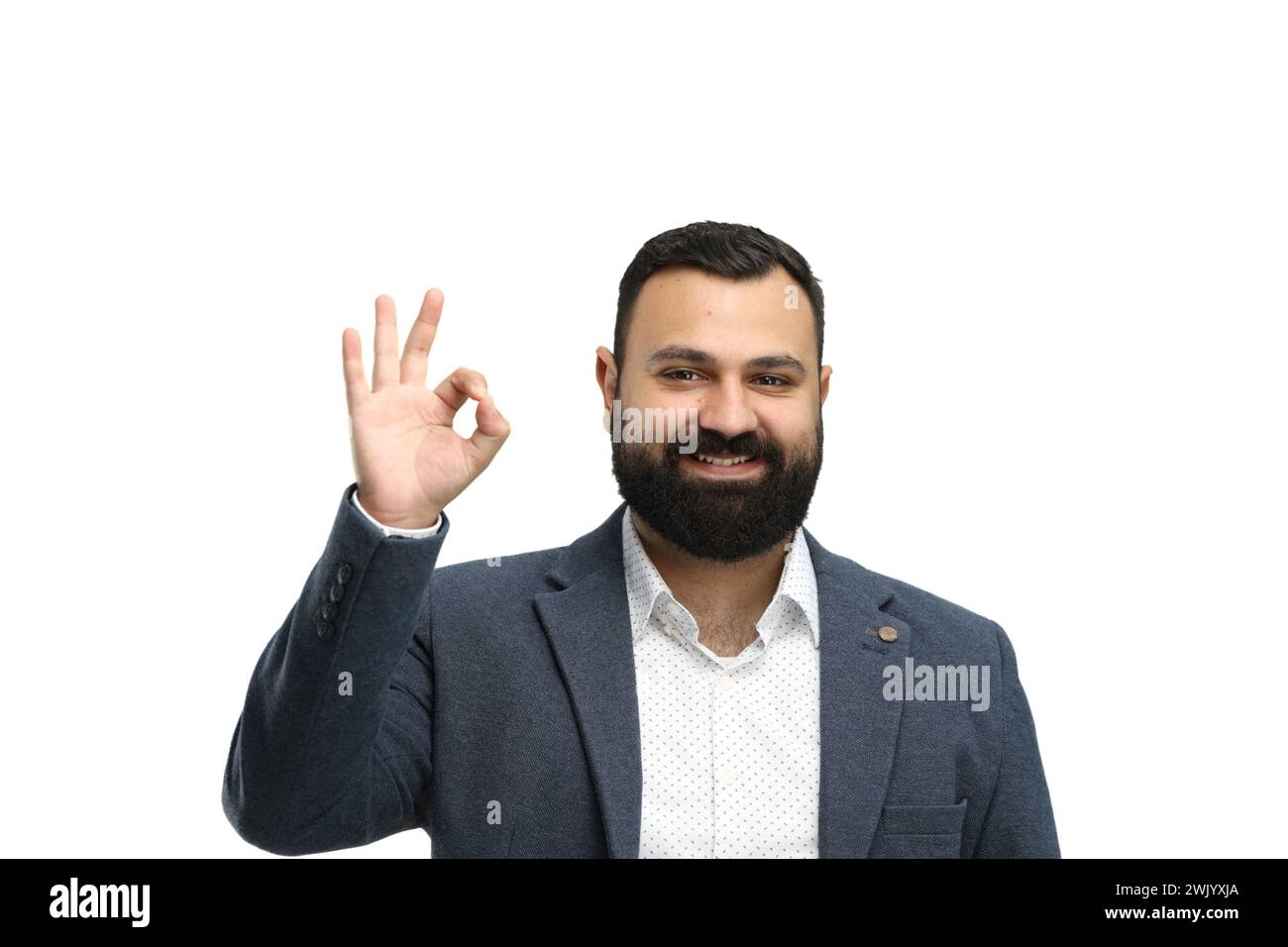 Happy manager shows sign ok hi-res stock photography and images - Alamy