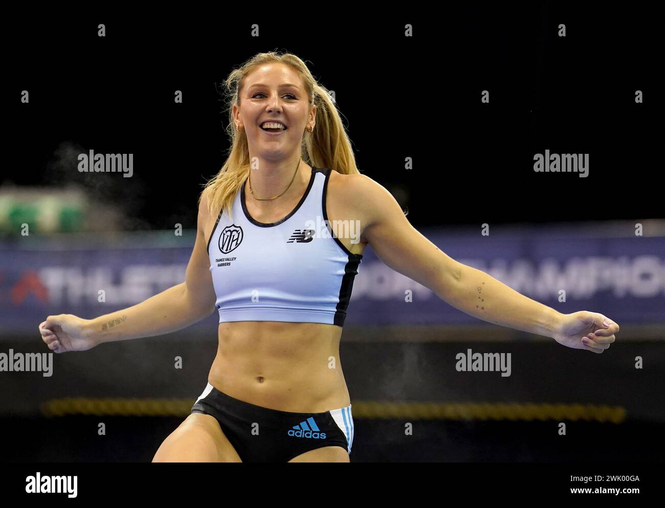 Molly Caudery celebrates after she cleared 4.61 m during the Pole Vault ...